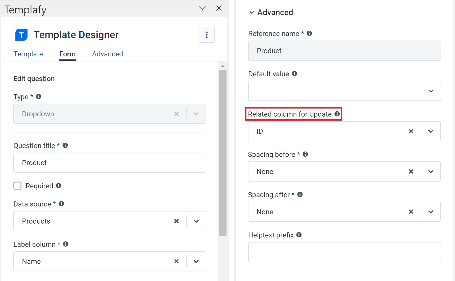 How to set the 'Related column for Update' of a Dropdown form field ...