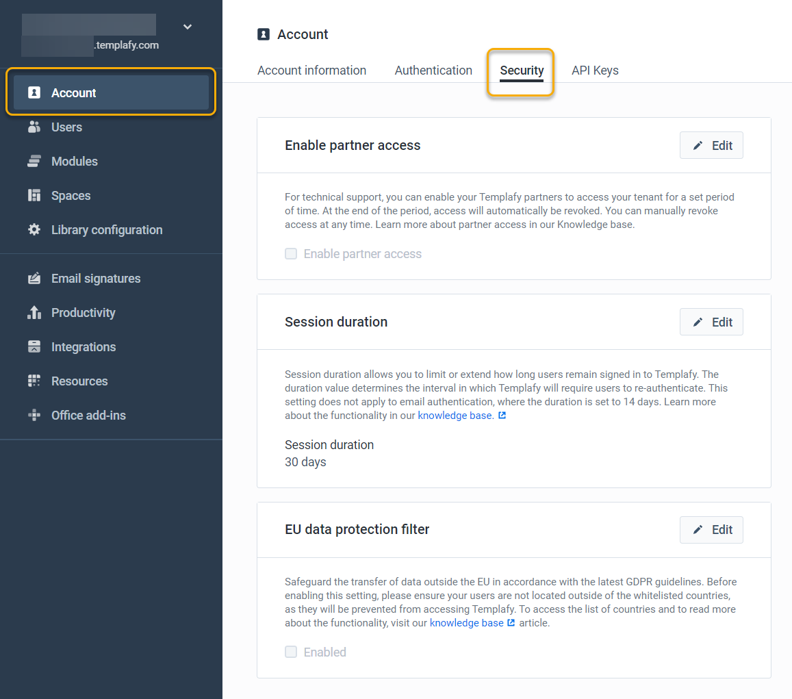 Security tab – Templafy Help center