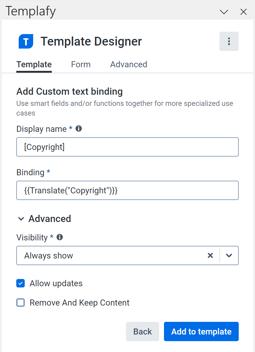 How to show copyright and disclaimer text in the document language set ...