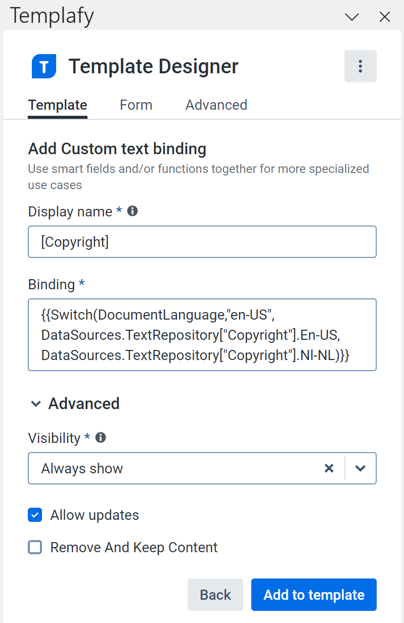 How to show copyright and disclaimer text in the document language set ...