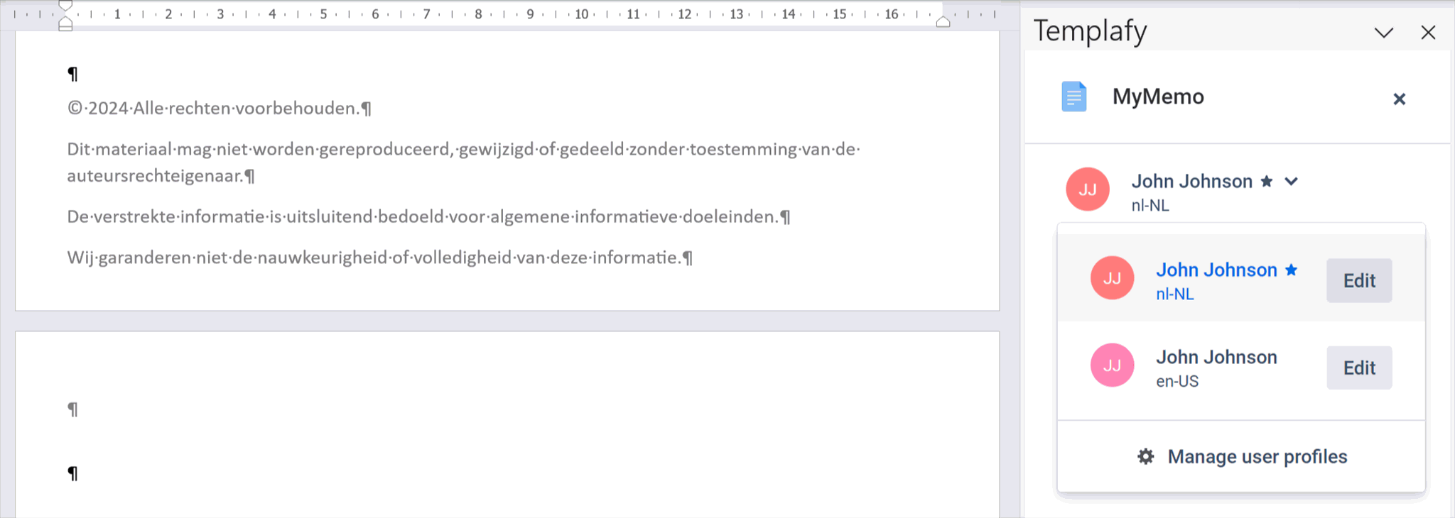 How to show copyright and disclaimer text in the document language set in the user profile ...
